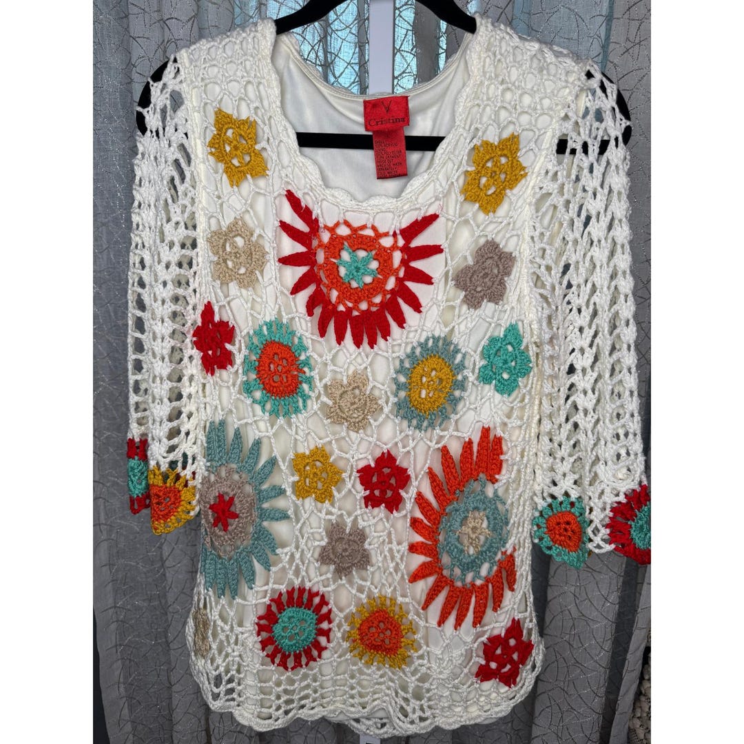 Vintage Y2K Cristina Boho Crochet Floral Knit Top Lined Tunic Large - Etsy
