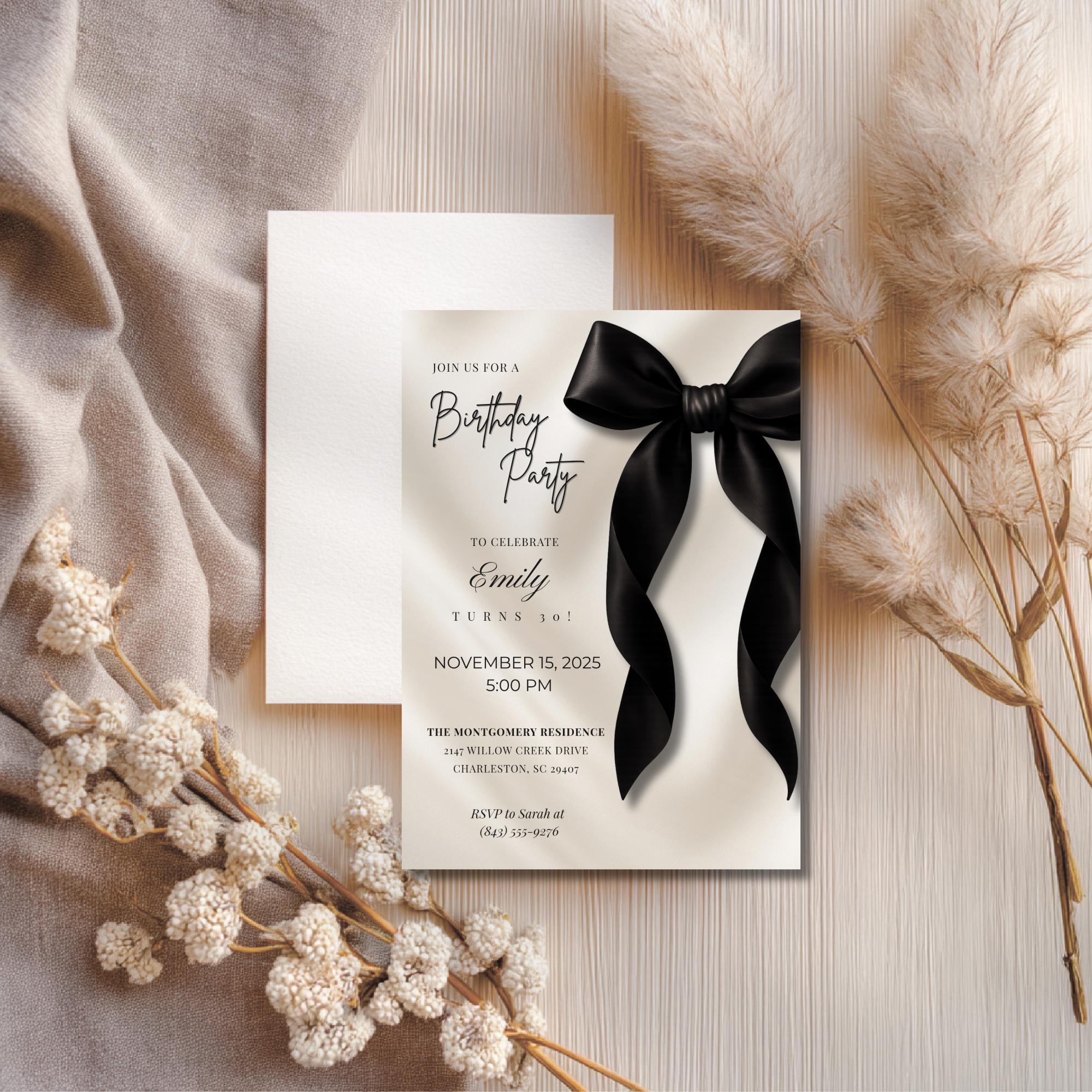 Black Bow Birthday Invitation Template: Elegant Editable Party Invite ...