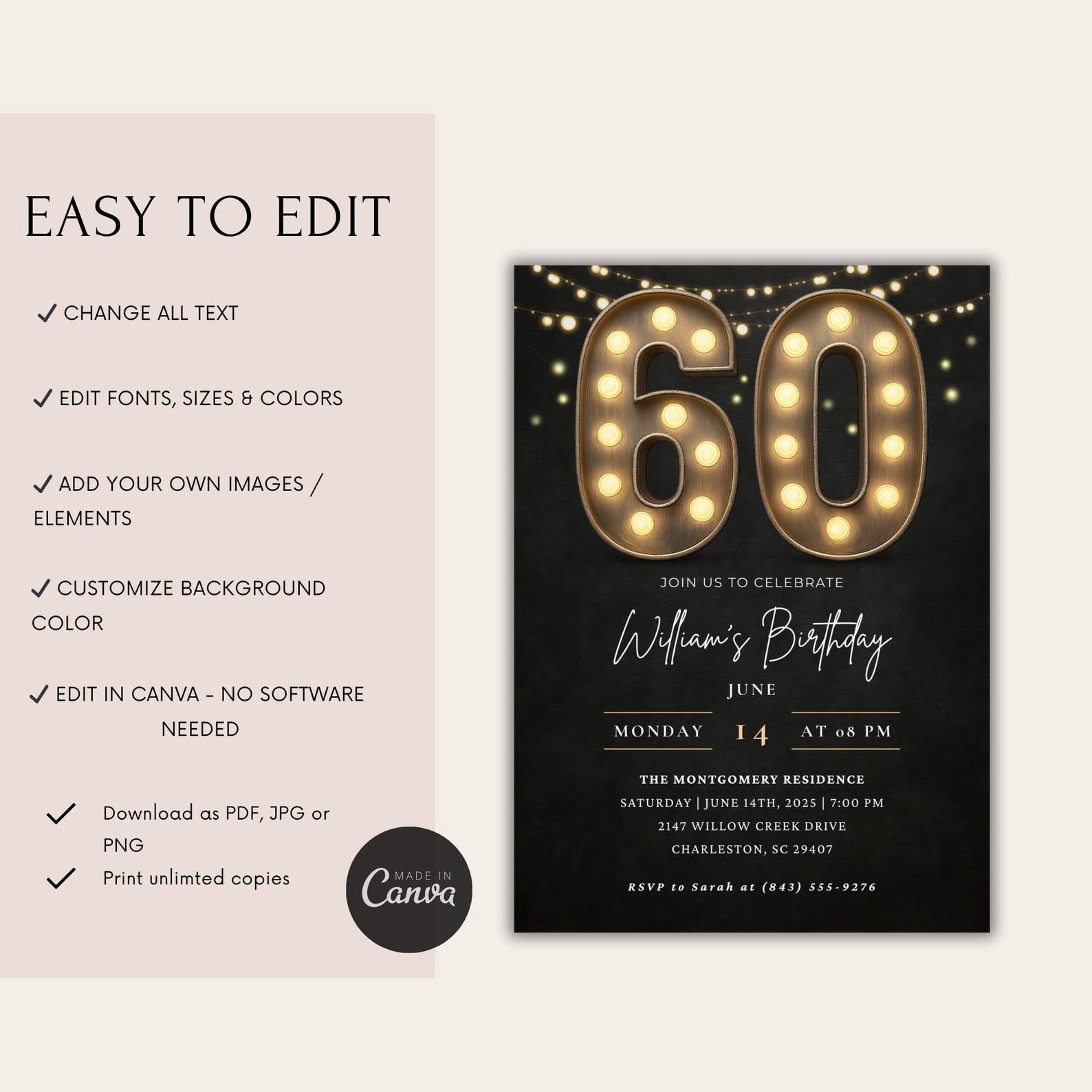 60th Birthday Invitation Template Marquee Light Design, Editable Party ...
