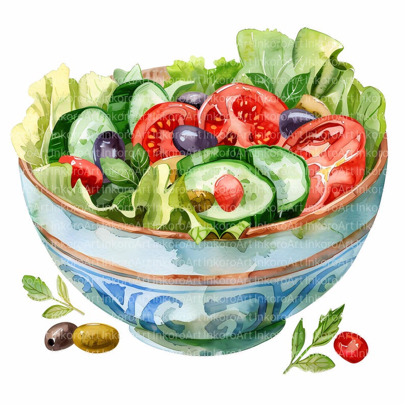 Watercolor Vegetable Salad Clipart | Lettuce, Tomato, Cucumber (digital ...