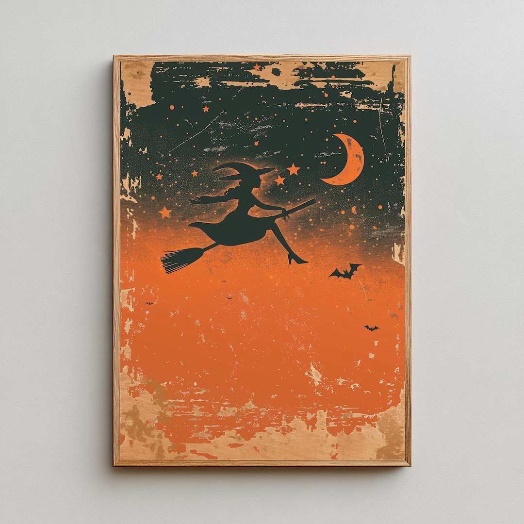 Vintage Halloween Witch Poster | 70s Retro Style Print | Flying Witch ...