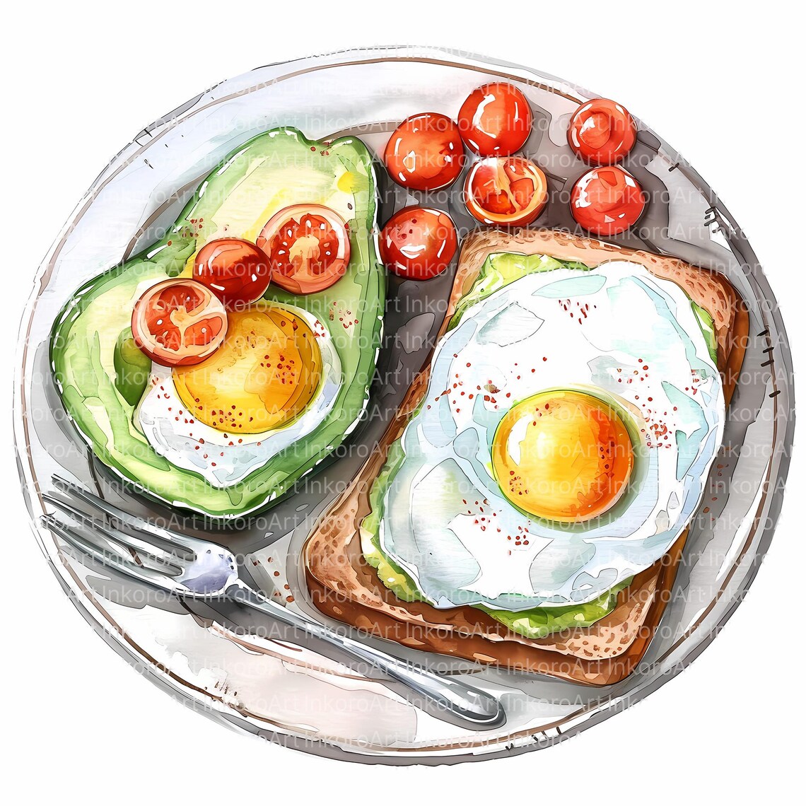 Watercolor Breakfast Clipart | Eggs, Avocado Toast, Tomatoes (digital ...