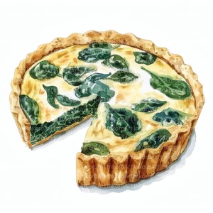 Watercolor Quiche Clipart: Spinach, Cheese & Crust (JPEG Digital ...