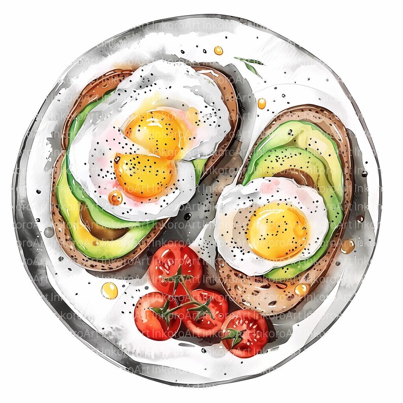 Watercolor Breakfast Clipart | Eggs, Avocado Toast, Tomatoes (digital ...