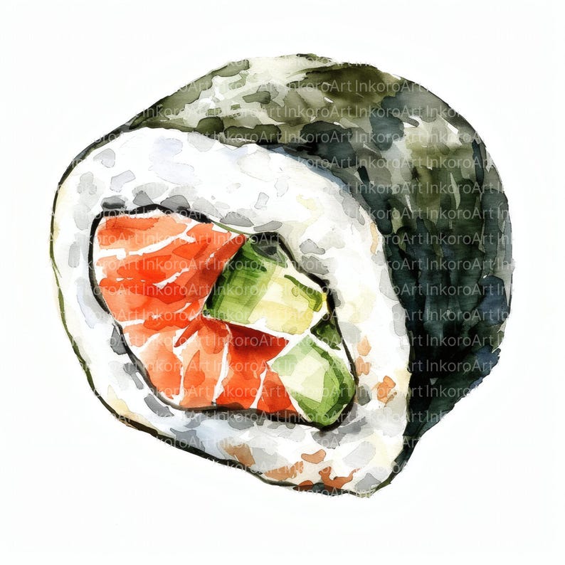 Tuna Maki Sushi Roll Clipart | Watercolor Japanese Food Art (digital ...