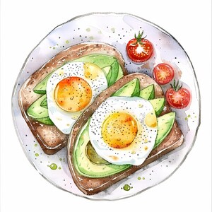 15 Breakfast Clipart | Watercolor Sunny-side Eggs, Avocado Toast ...