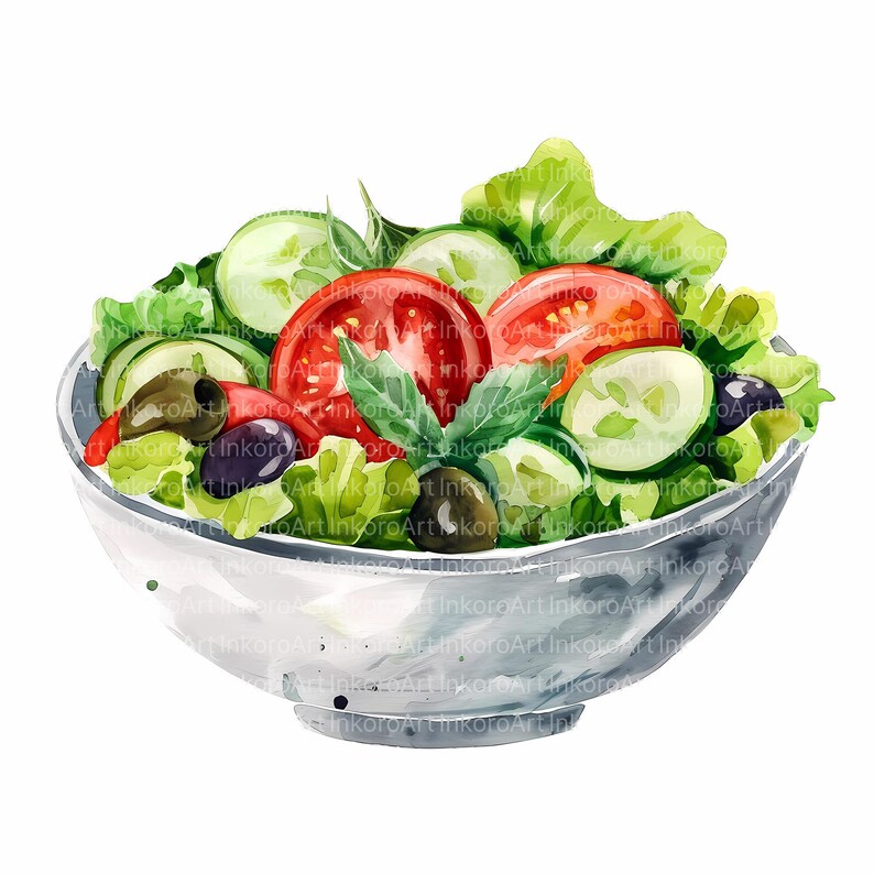 Watercolor Vegetable Salad Clipart | Lettuce, Tomato, Cucumber (digital ...