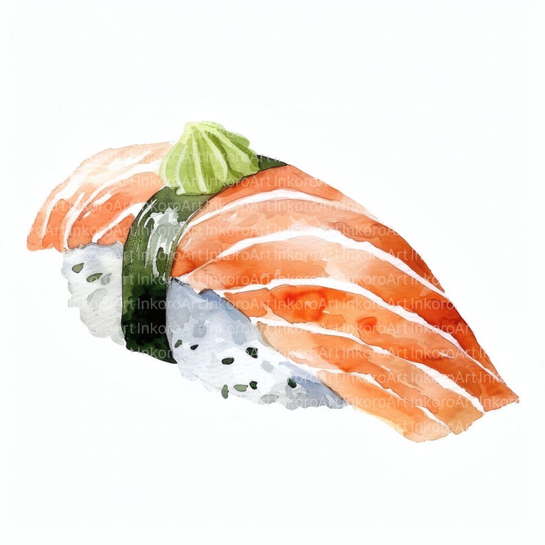 Watercolor Salmon Nigiri Clipart: Minimalist Japanese Food Art (digital ...