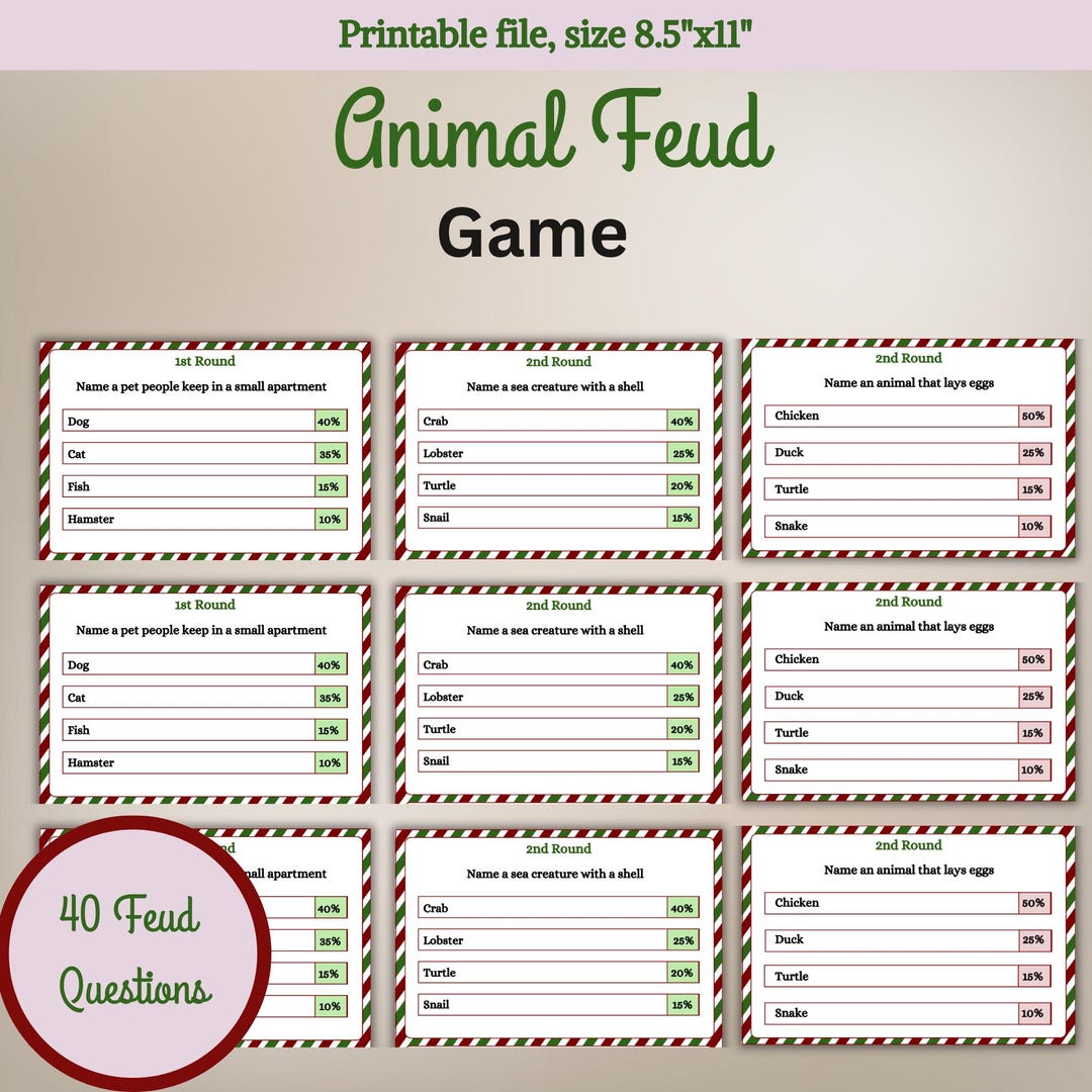 Animal Feud Game Printable: 40 Fun Survey Questions, Kids & Adults - Etsy