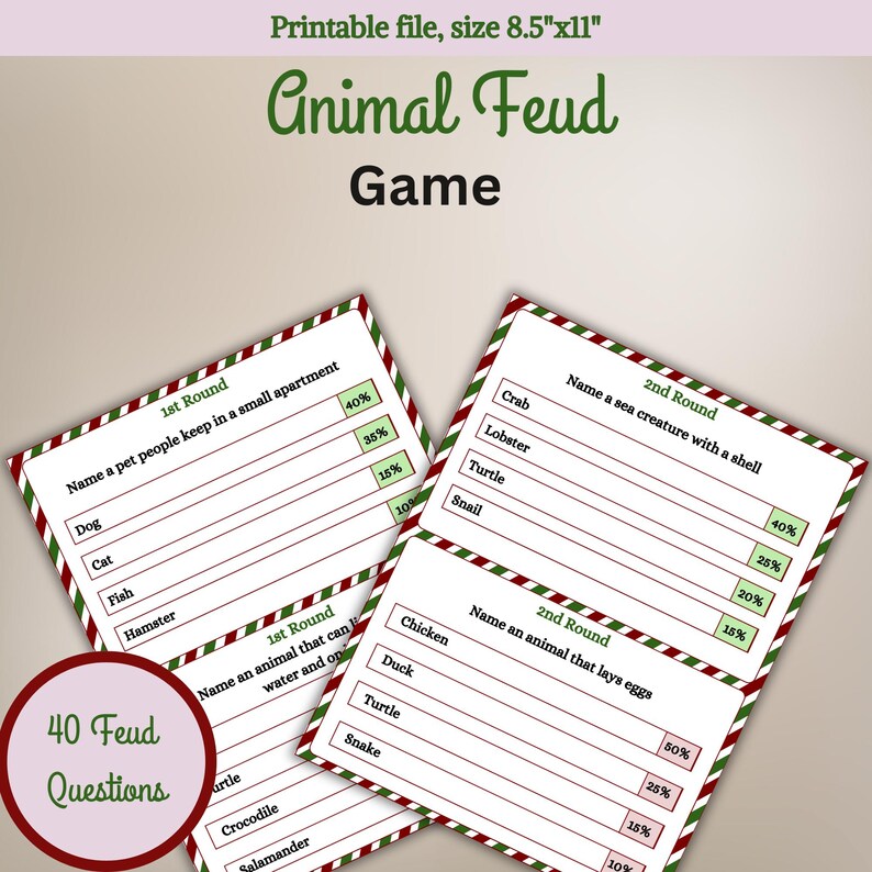 Animal Feud Game Printable: 40 Fun Survey Questions, Kids & Adults - Etsy
