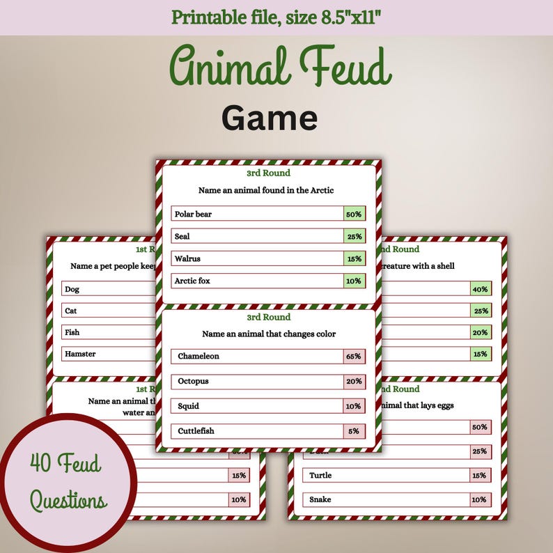 Animal Feud Game Printable: 40 Fun Survey Questions, Kids & Adults - Etsy