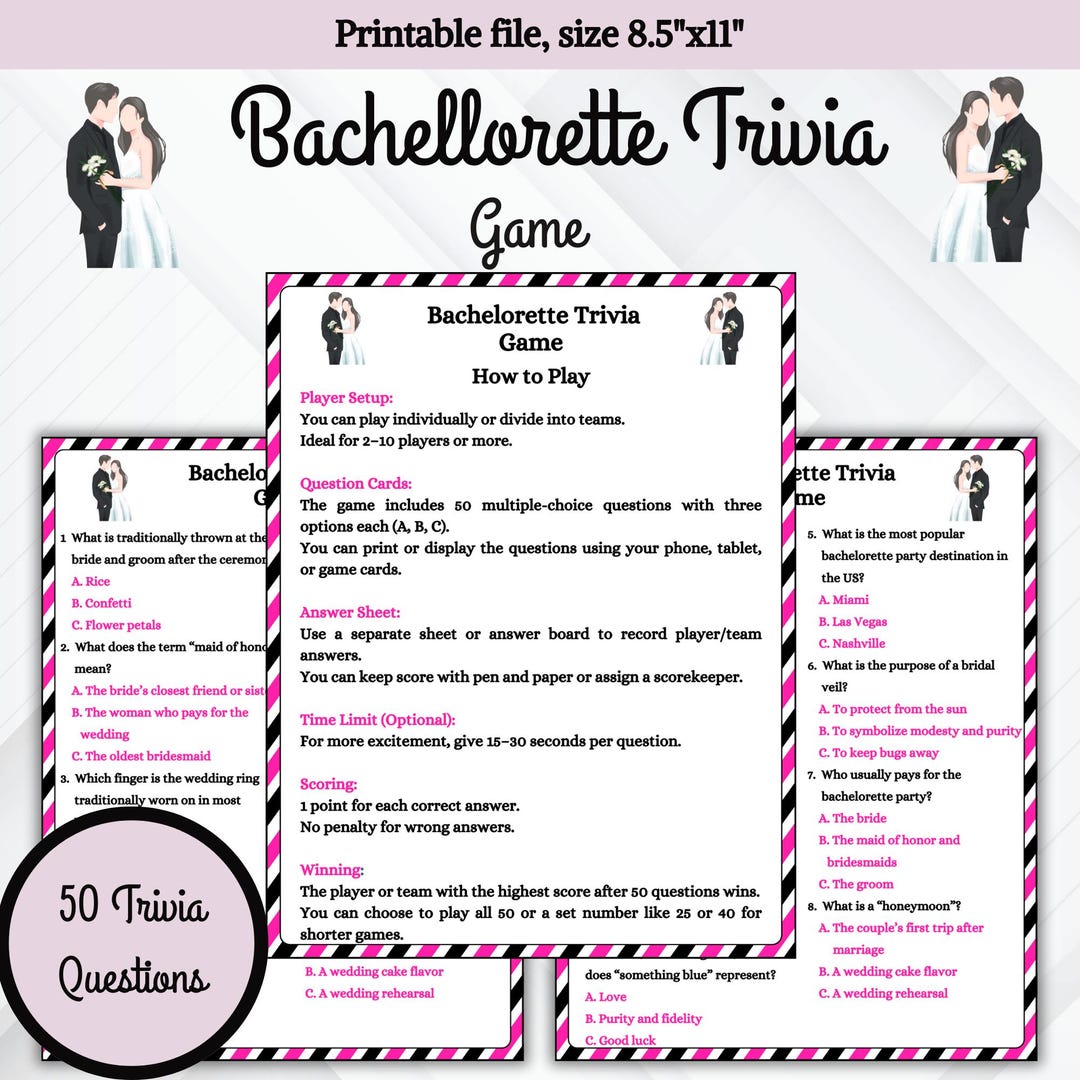 Bachelorette Trivia Game Printable | Bachelorette Trivia Game | 50 Fun ...