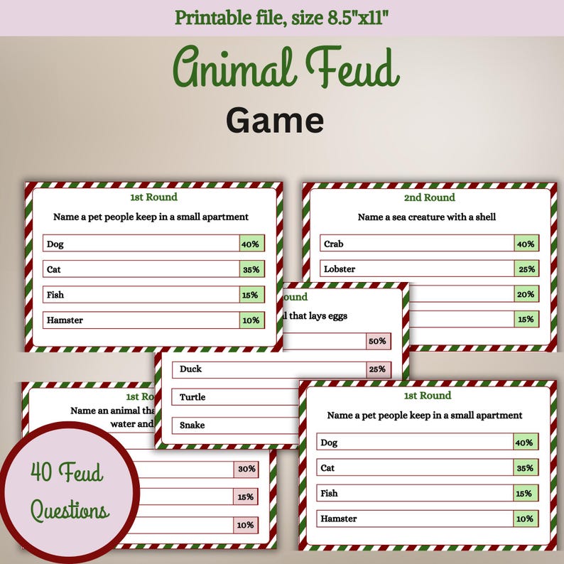 Animal Feud Game Printable: 40 Fun Survey Questions, Kids & Adults - Etsy