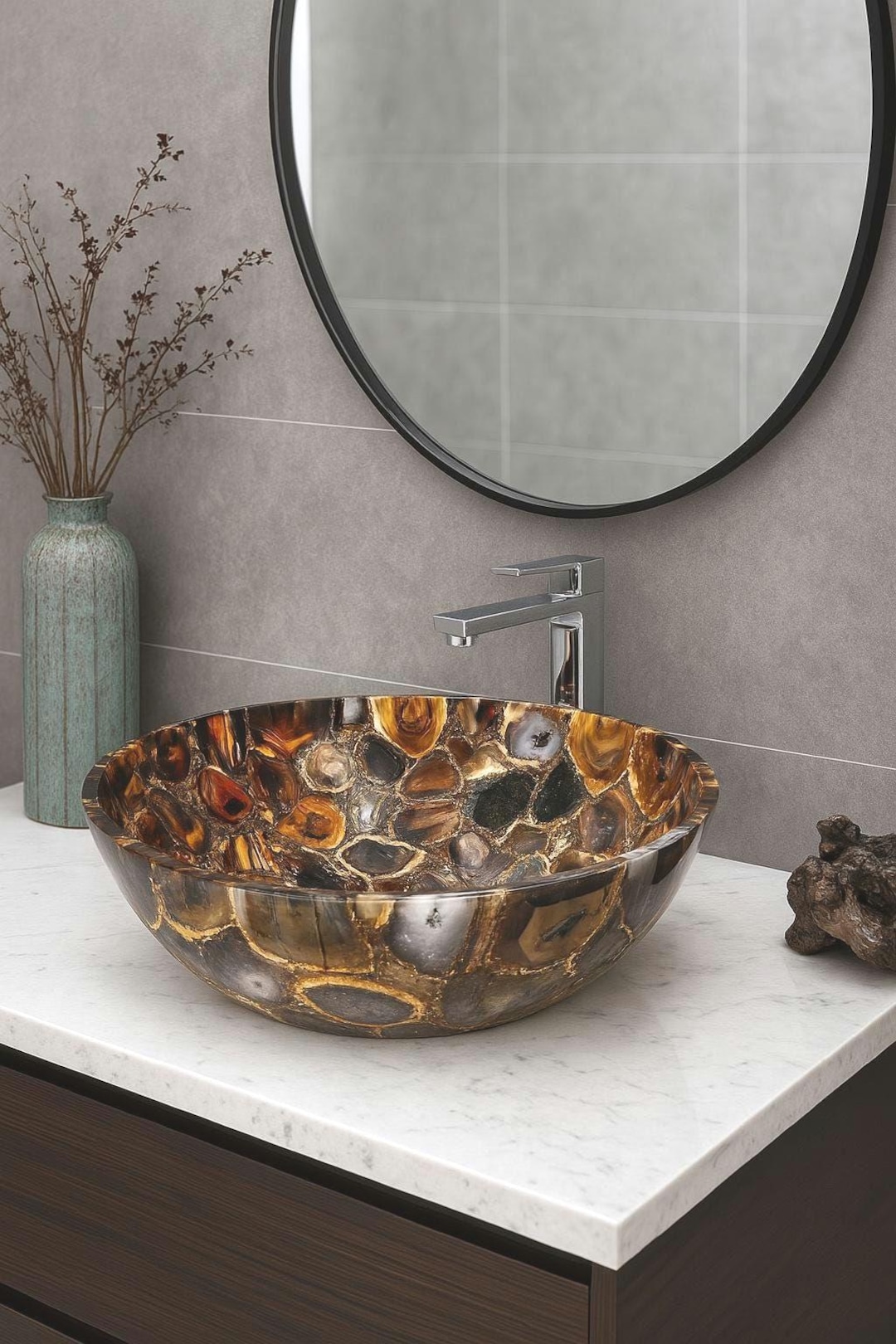 Luxurious Brown Agate Stone Vessel Sink – Round Gemstone Basin for ...