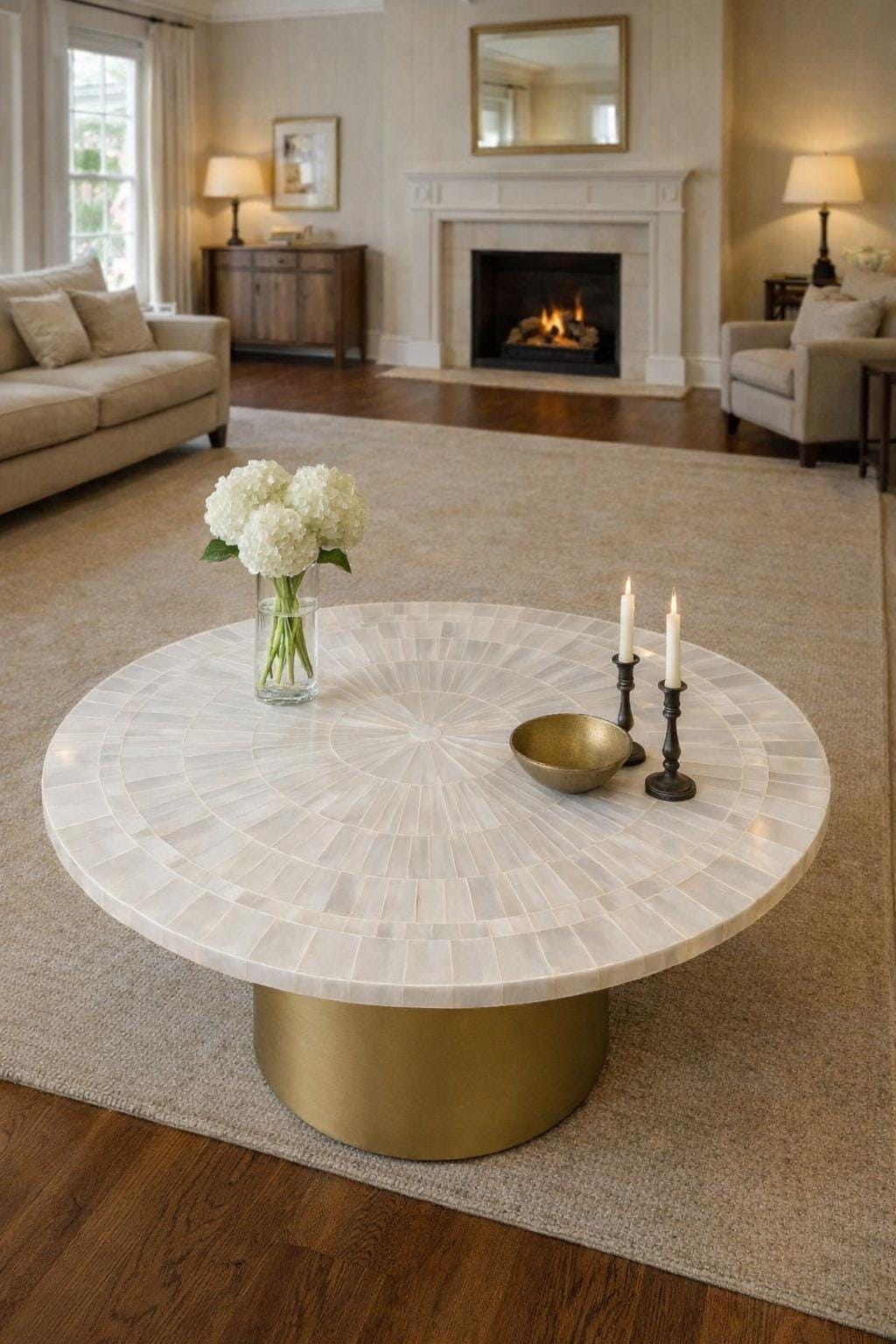 Selenite Stone Round Coffee Table With Golden Base | Luxury Handmade ...