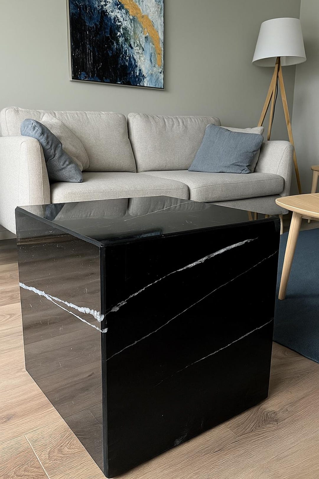 Modern Black Marquina Cube Coffee Table Stone Accent Table With White ...