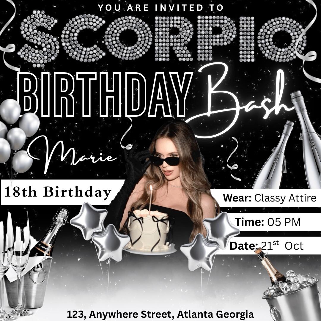 Scorpio Birthday Party Flyer: Black Silver Glam (canva Template) - Etsy