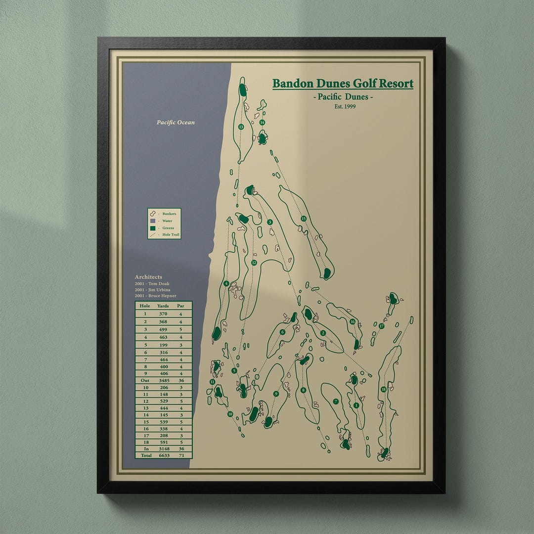 Bandon Dunes Golf Resort - Pacific Dunes Course Map Print, Oregon, USA ...
