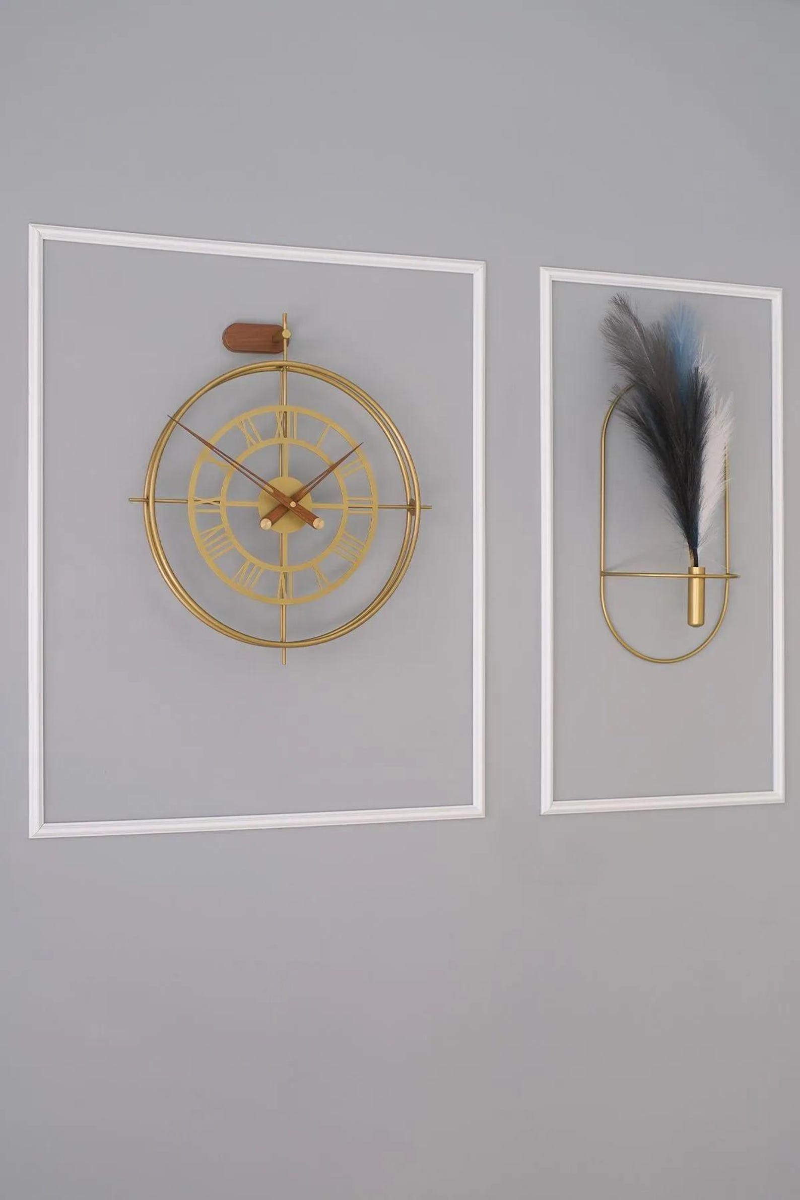 Gold Roman Numeral Wall Clock: Open Face Metal & Wood - Etsy