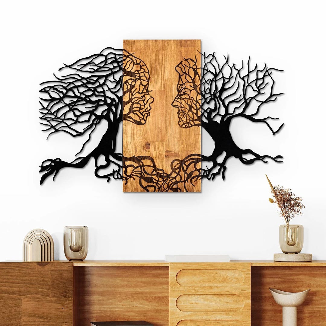 Intertwined Trees Lovers Wall Art – Metal and Wood Face Silhouette ...