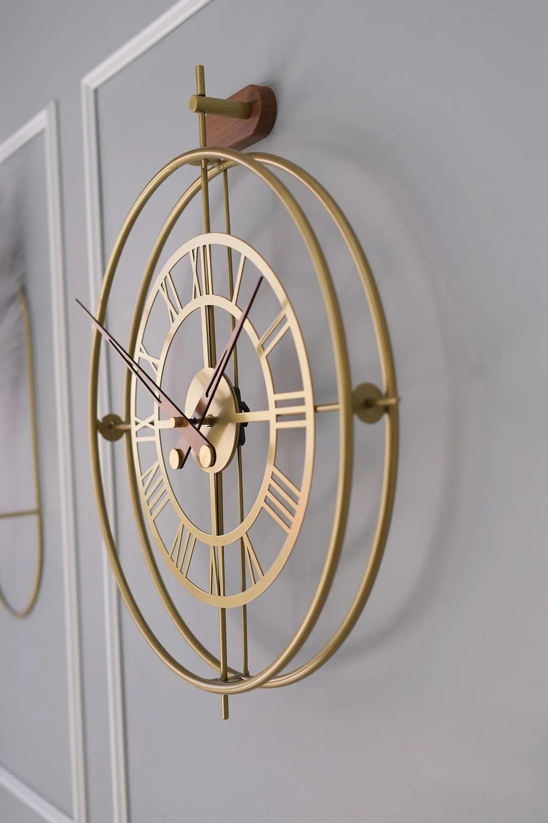 Gold Roman Numeral Wall Clock: Open Face Metal & Wood - Etsy