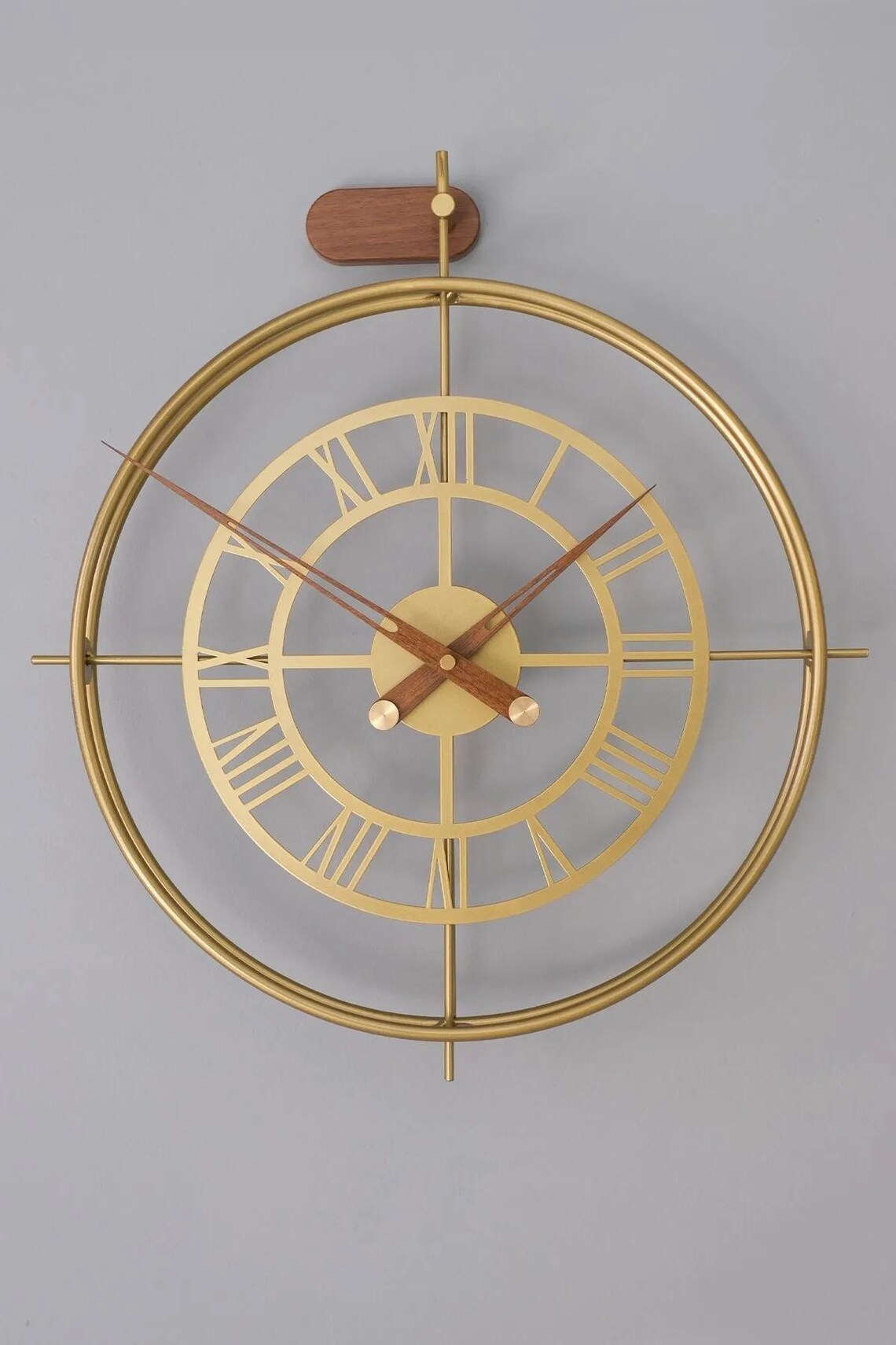Gold Roman Numeral Wall Clock: Open Face Metal & Wood - Etsy
