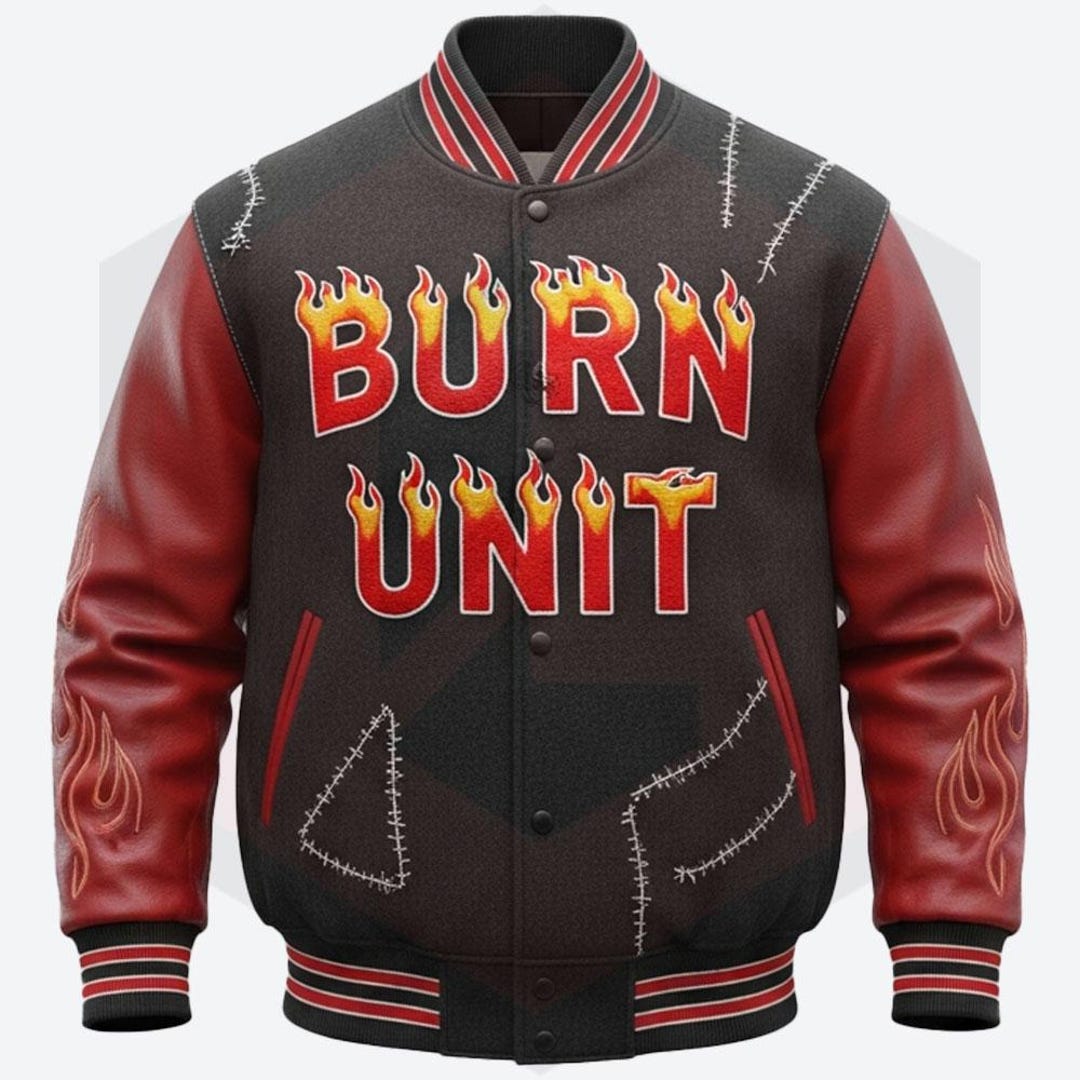 Burn Unit Varsity Jacket – Men’s Gothic Letterman With Flame & Skull ...