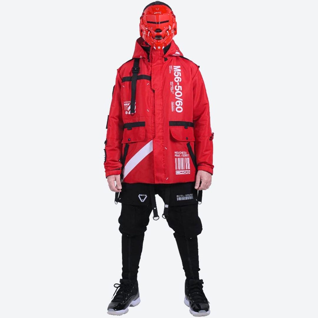Cyberpunk Red & Black Techwear Jacket – Tactical Streetwear Outerwear ...