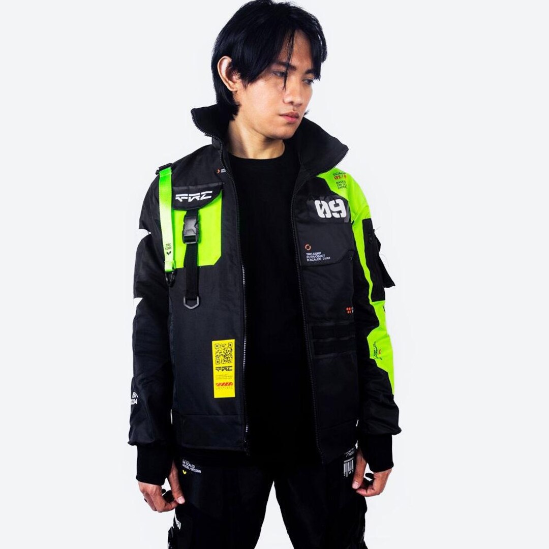 Cyberpunk Neon Techwear Jacket – Black & Green Tactical Outerwear for ...