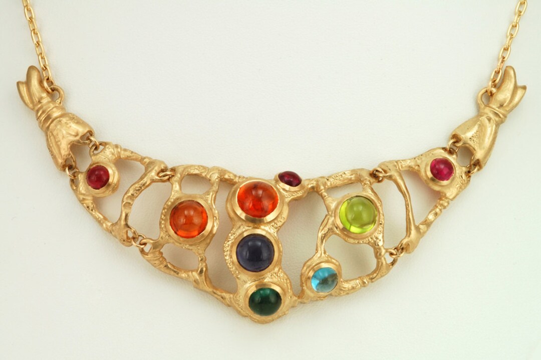 Large Gold Necklace With Nine Gemstones - Multi Gemstone - Multicolored ...