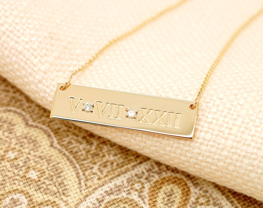 Personalized 14K Gold Numerals Bar Necklace Engraved Date Necklace With ...