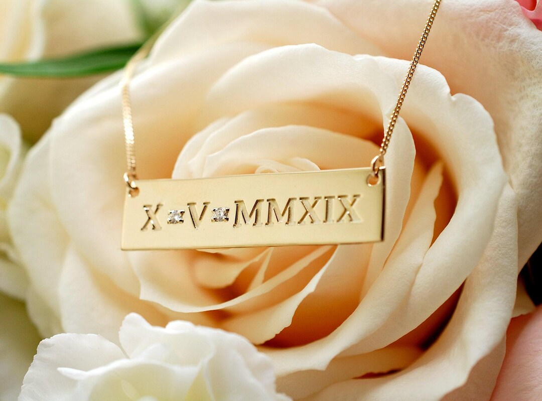 Roman Numeral Bar 14K Gold Necklace Wedding Gift for Bride From Maid of ...