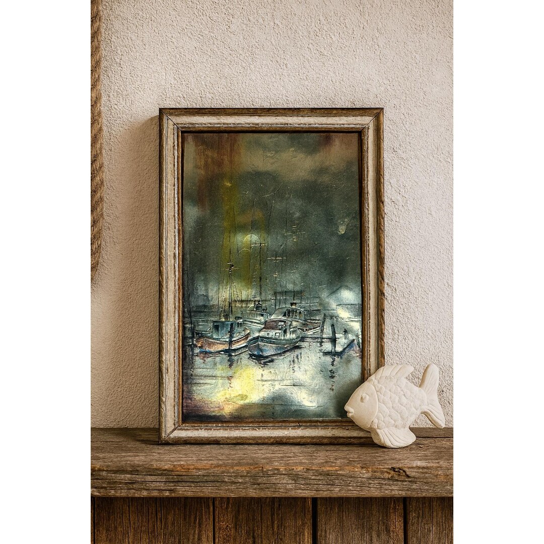 Vintage Framed Harbor Artwork – 9"x6" – Aged Patina – Nautical Wall ...