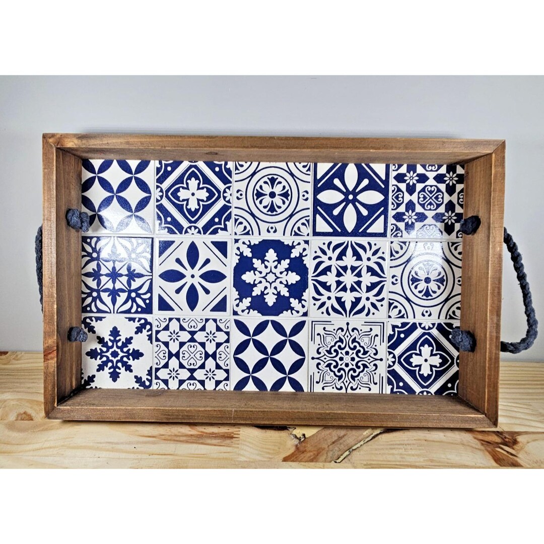 Wooden Serving Tray With Blue and White Mexican Tile Inlay and Rope ...