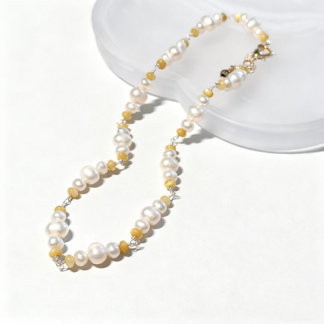 Freshwater Pearl & Yellow Shell Necklace – Handcrafted Natural Jewelry ...