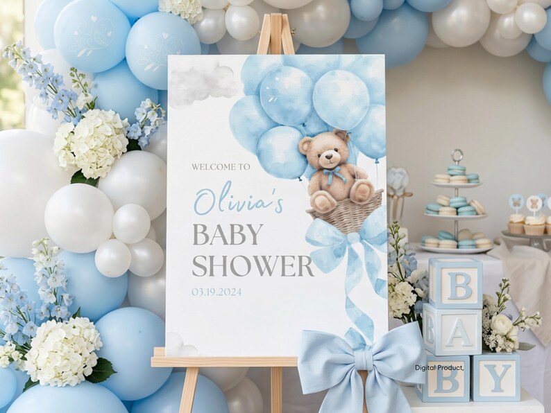 Editable Teddy Bear Baby Shower Welcome Sign, Hot Air Balloon Theme ...