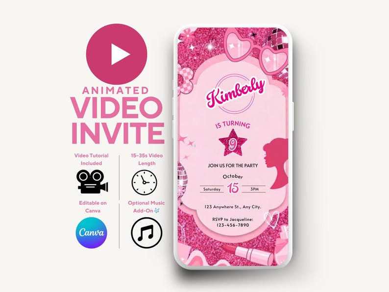 Pink Glitter Doll Birthday Party Video Invitation (instant Digital ...