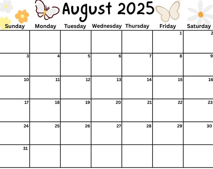 August 2025 Simple Flower Themed Calendar | Nature Colourful Calendar ...