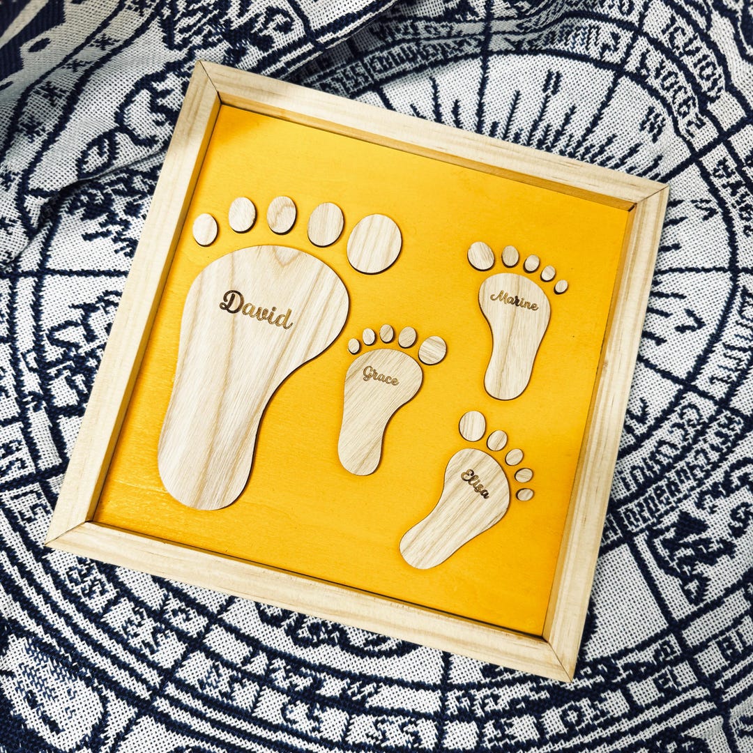 Personalized Wooden Family Footprint Frame, Laser Engraved 2-4 Names ...