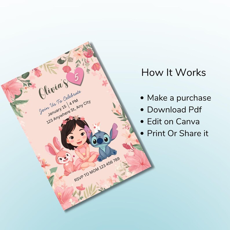 Lilo and Stitch Editable Invitation, Pink Floral Birthday Party ...