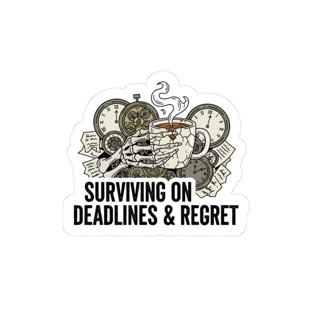Surviving on Deadlines & Regret Kiss-cut Sticker | Coffee, Clocks ...