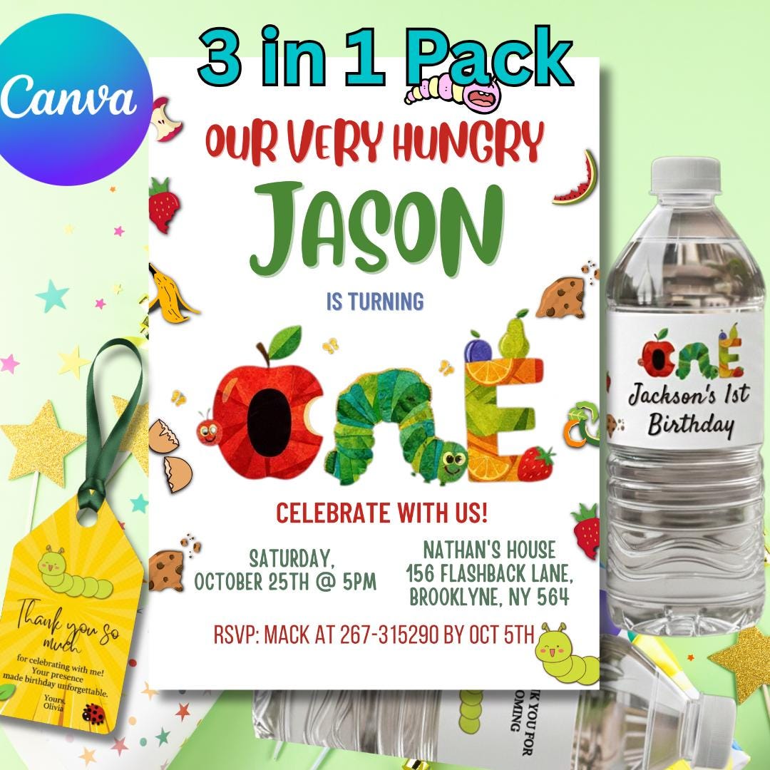 Hungry Caterpillar Birthday Bundle: Invitation, Water Bottle Labels ...
