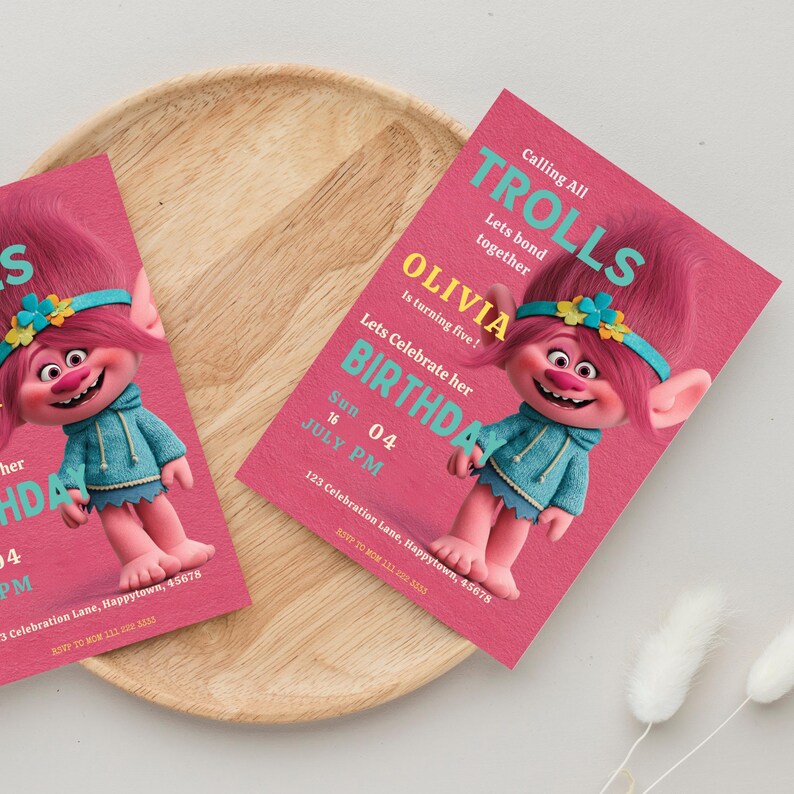 Editable Trolls Birthday Invitation: Poppy Party Invite (5x7, Digital ...