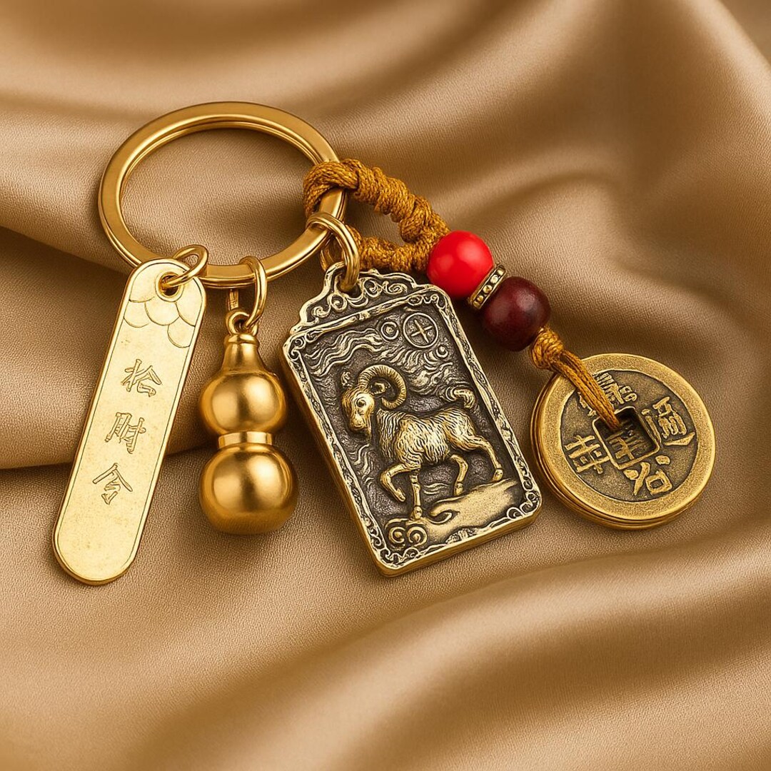 Chinese Zodiac Sign Brass Sheep Keychain – Feng Shui Gourd Pendant With ...