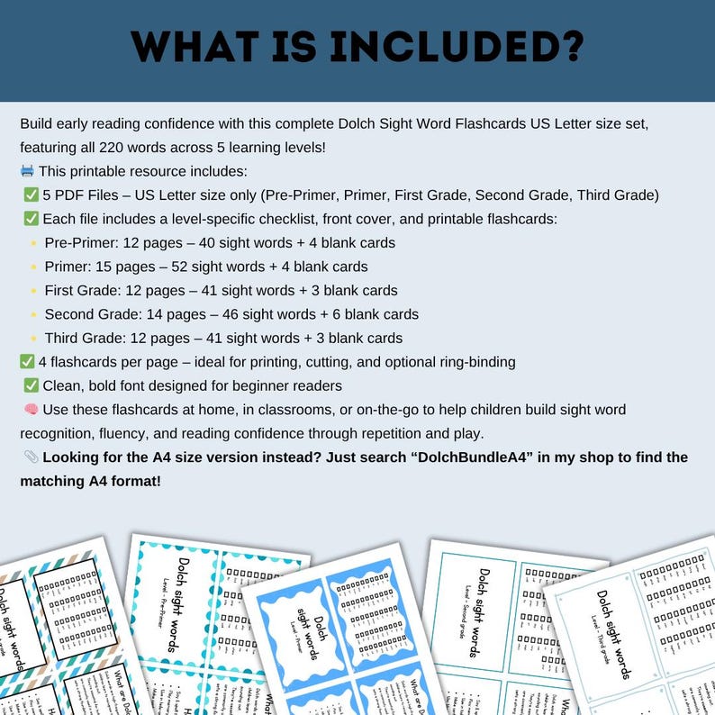 Dolch 220 Sight Word Flashcards Blue, US Size, Printable Sight Words ...