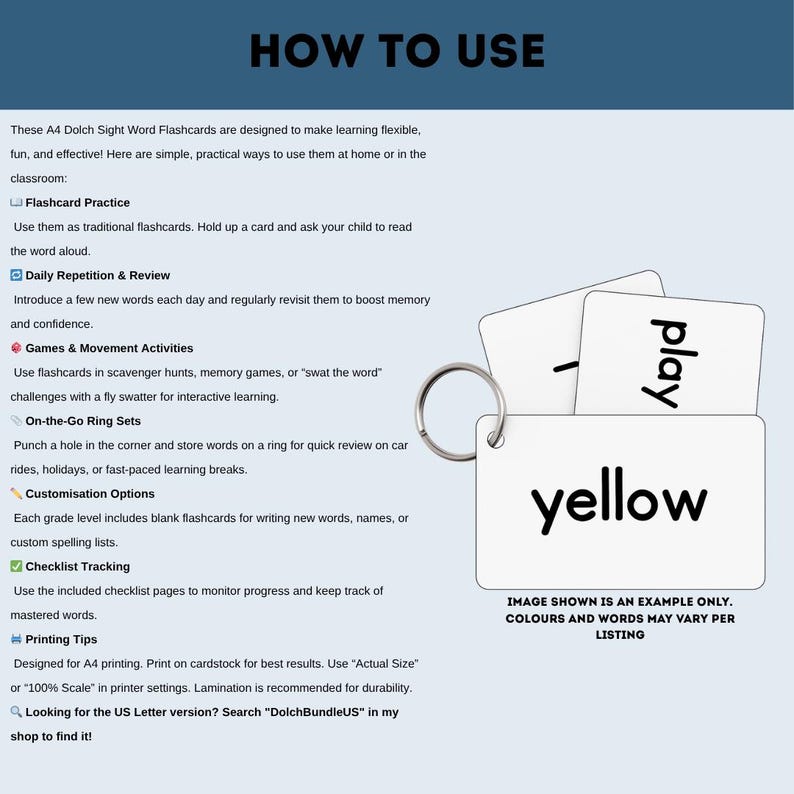 Dolch Sight Words Flashcards, A4 Standard Size, Printable 220 Cards ...