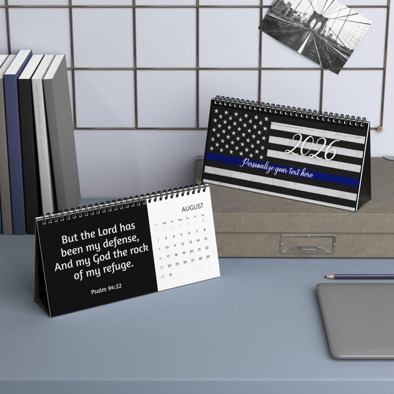 Thin Blue Line Flag 2026 Desktop Calendar Bible Verse Quote Police ...