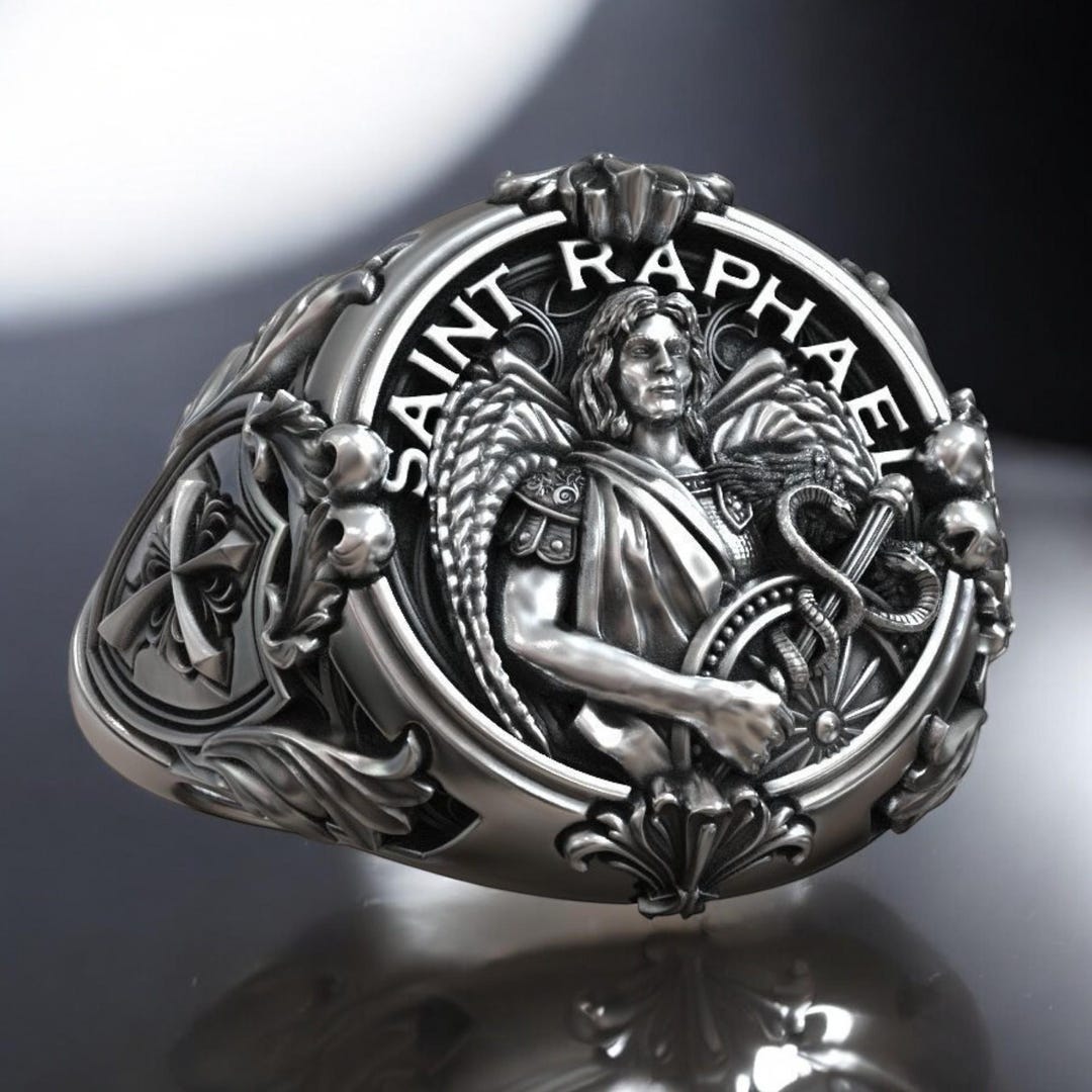 Saint Raphael Archangel Ring With Caduceus and Spear, Handmade Shield ...