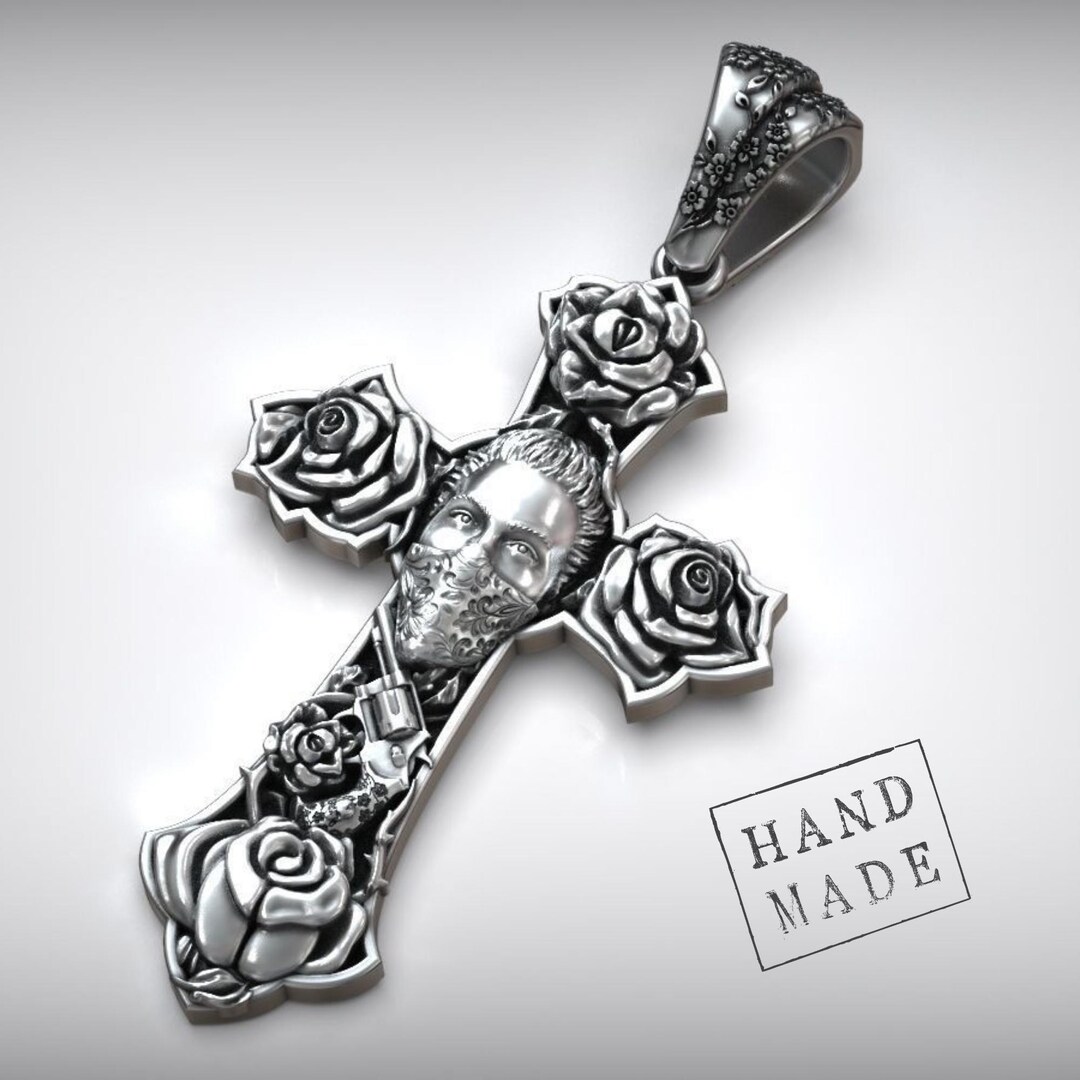 Chicano Style Cross Pendant With Roses and Masked Face, Vintage Tattoo ...