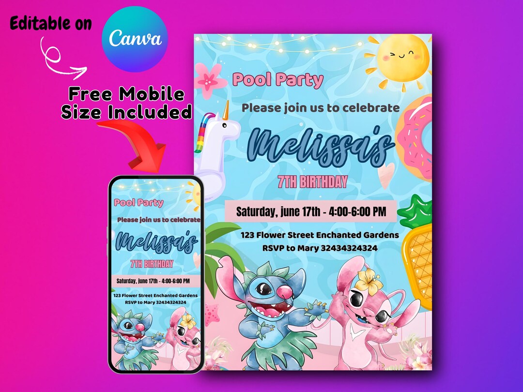 Stitch and Angel Inspired Pool Party Invitation Editable Lilo Stitch ...